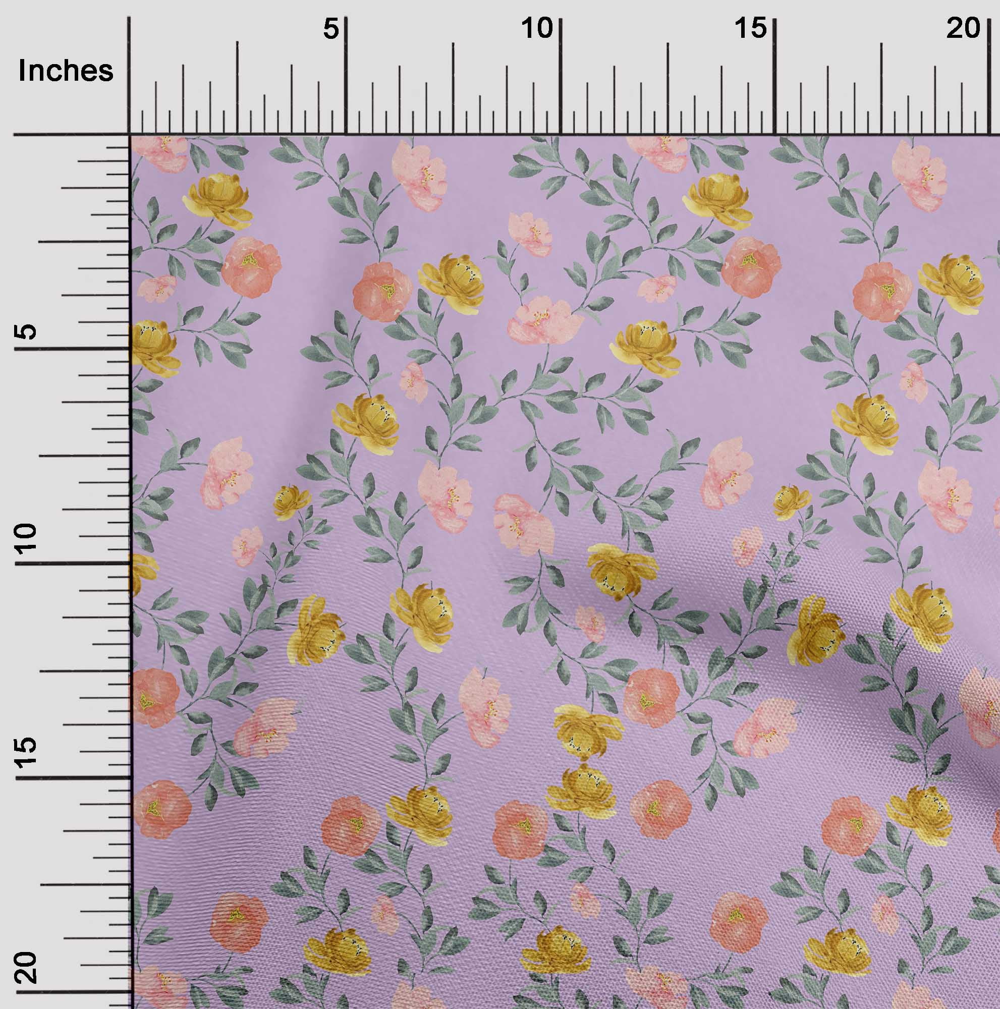 oneOone Cotton Cambric Light Purple Fabric Flower & Leaves Watercolor ...