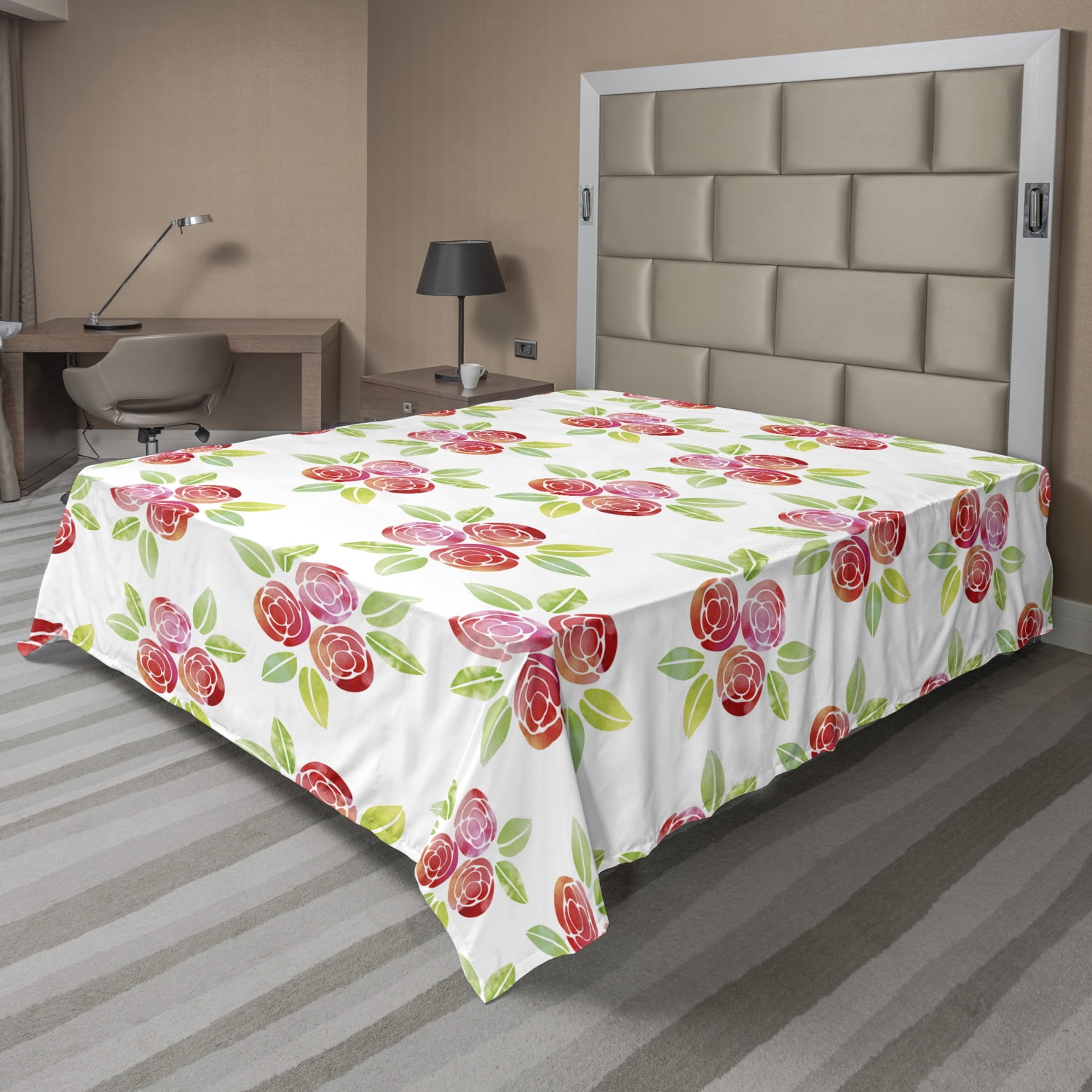 Floral Flat Sheet, Hand Drawn Watercolor Painting of Roses and Leaves ...