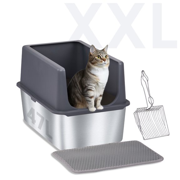 KUNWU Stainless Steel Semi-closed Cat Litter Box 24"x 16"x 12" with ...