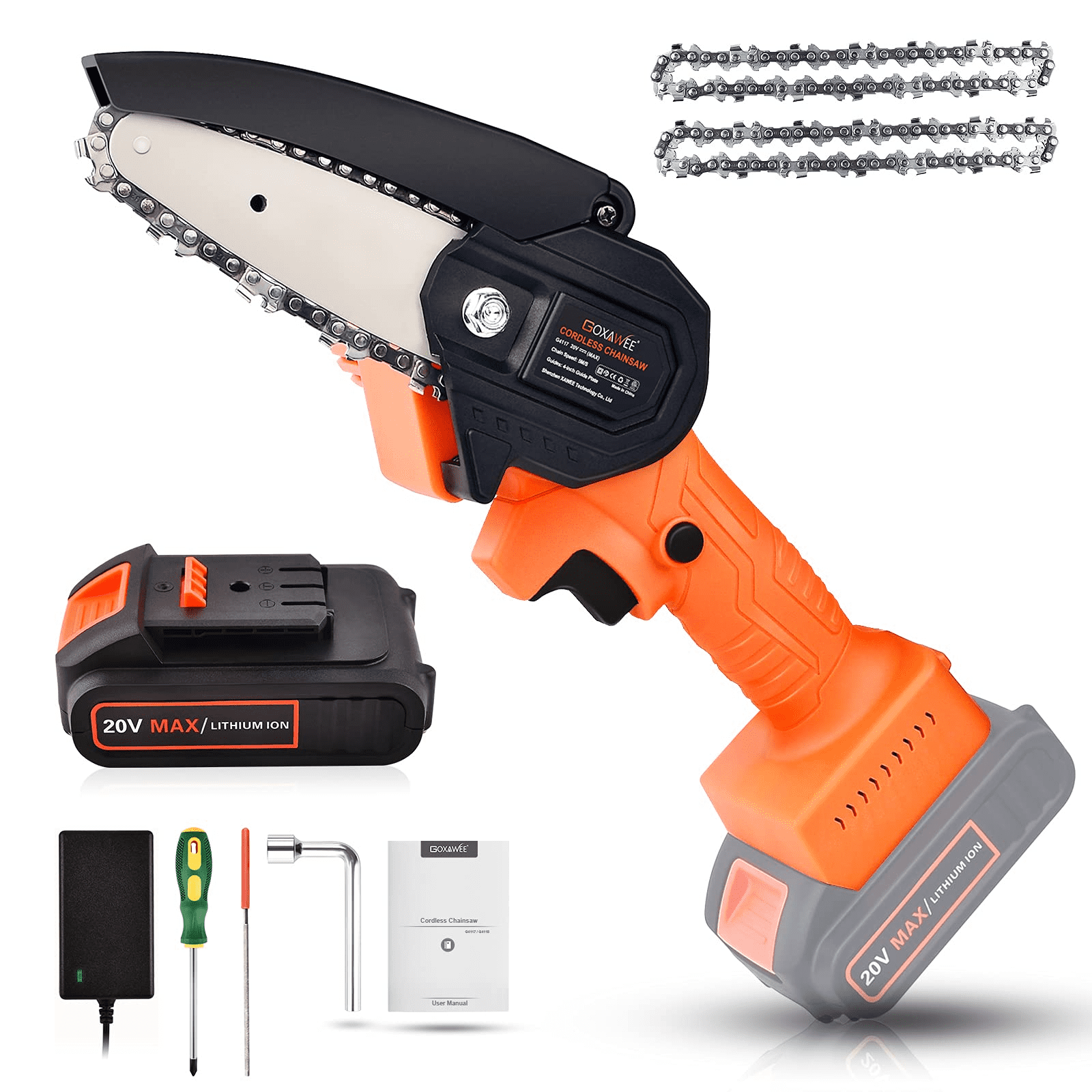 GOXAWEE 4" Cordless Mini Chainsaw with Battery, 20V/2Ah Battery Powered ...