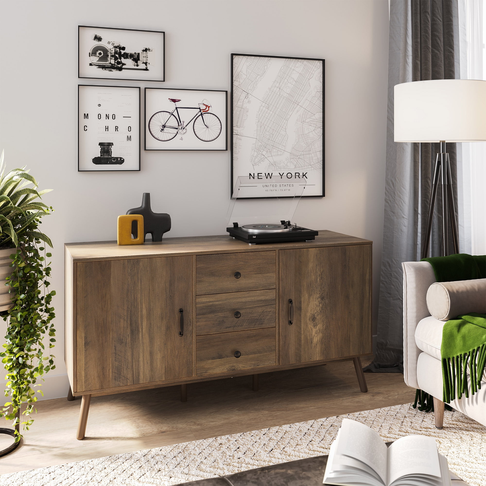 Belleze Sideboard Kitchen Buffet and TV Stand - Hughes, Rustic Oak ...