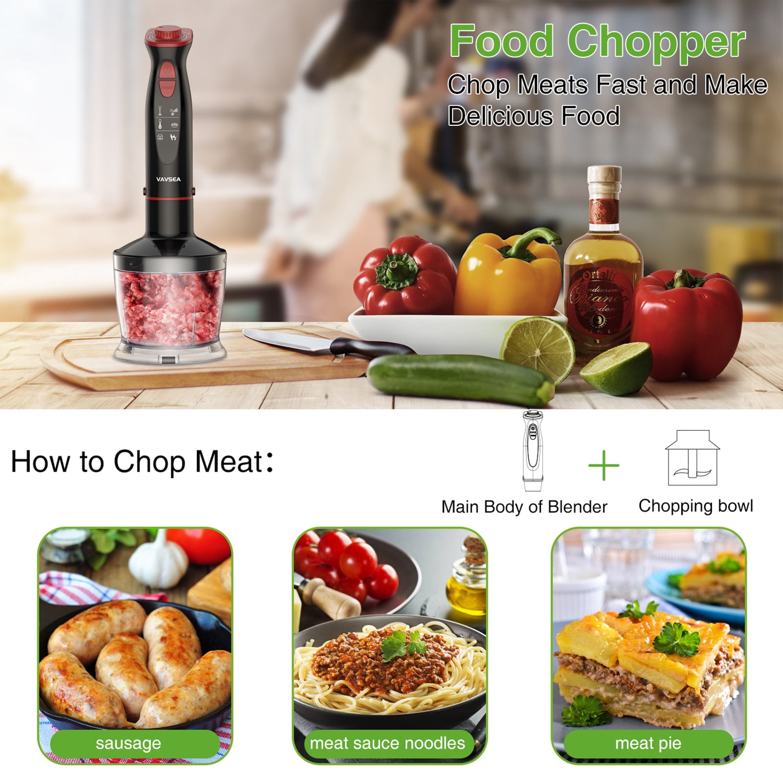 Vavsea Immersion Hand Blender, 12-Speed Multi-Function Handheld Stick Blender with Stainless ...