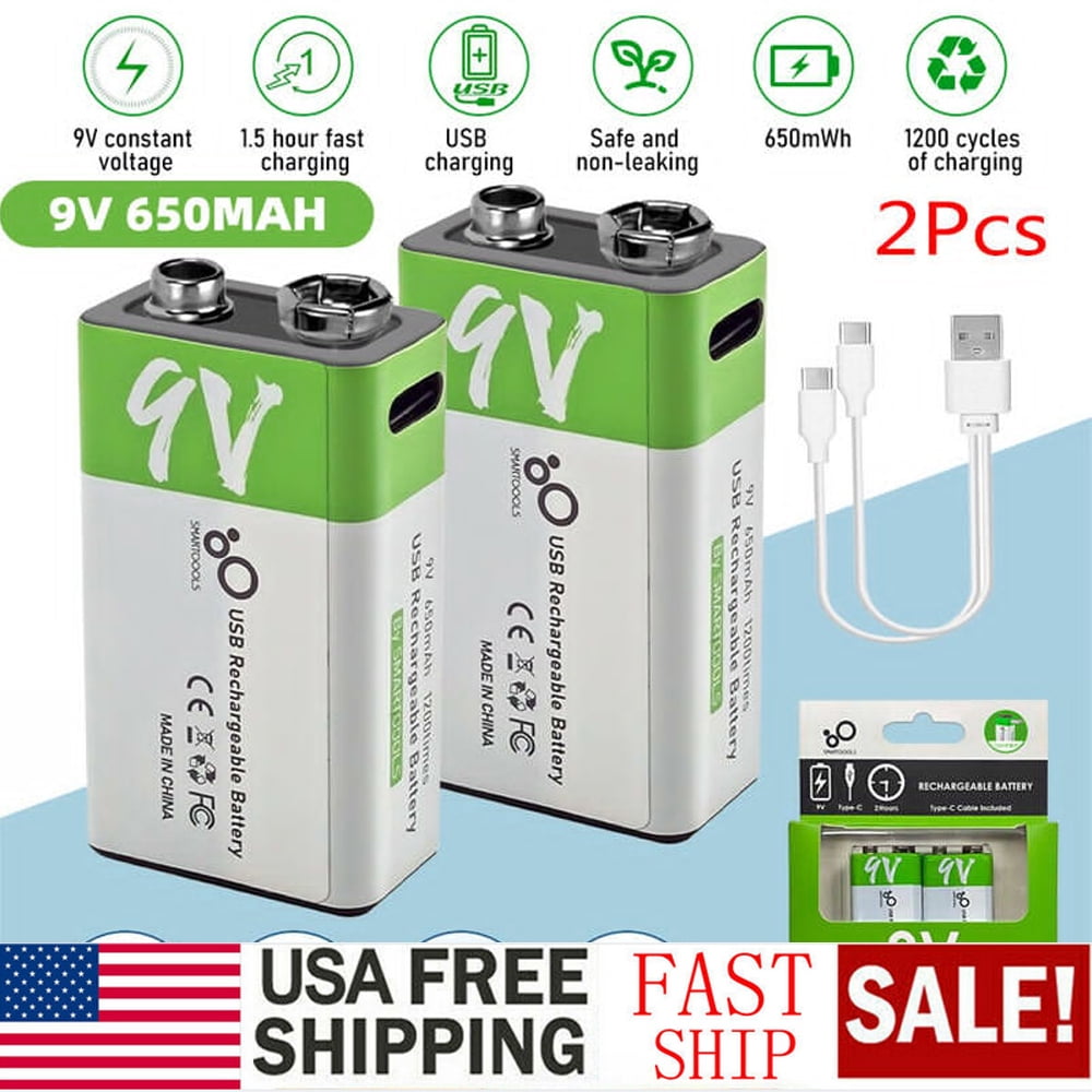 MDHAND 2 Pack 9V 9Volt Li-ion USB Rechargeable Batteries 650mWh Lithium ...