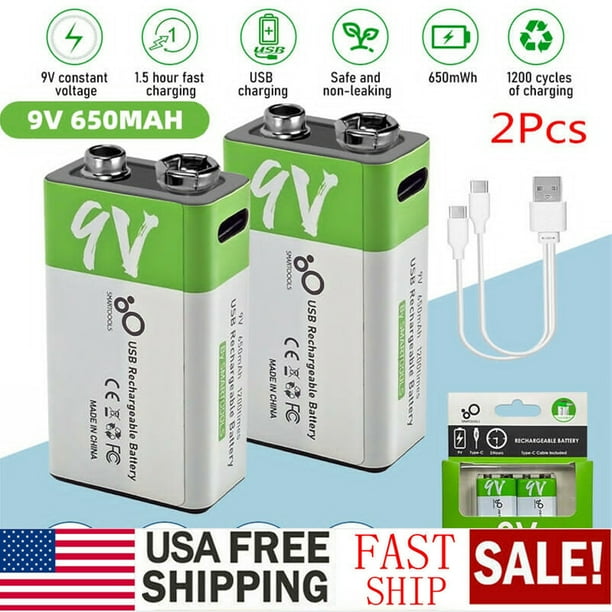 MDHAND 2 Pack 9V 9Volt Li-ion USB Rechargeable Batteries 650mWh Lithium ...