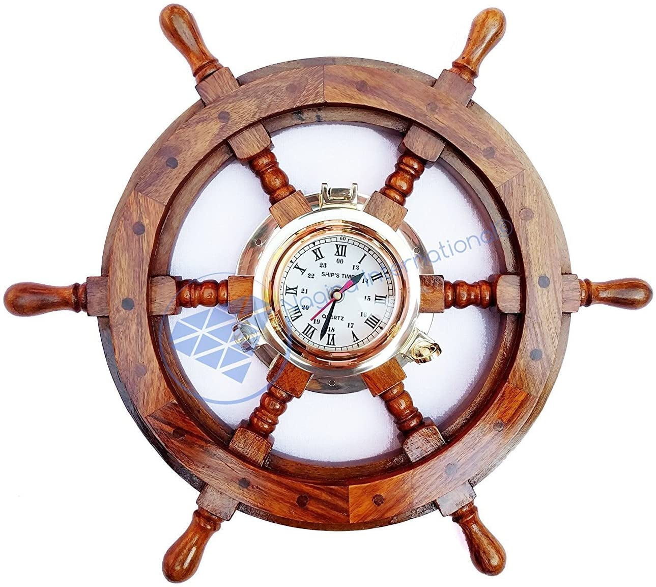 Wooden Ship Wheel - Mounted Solid Brass Polished Jhanjhat Porthole ...