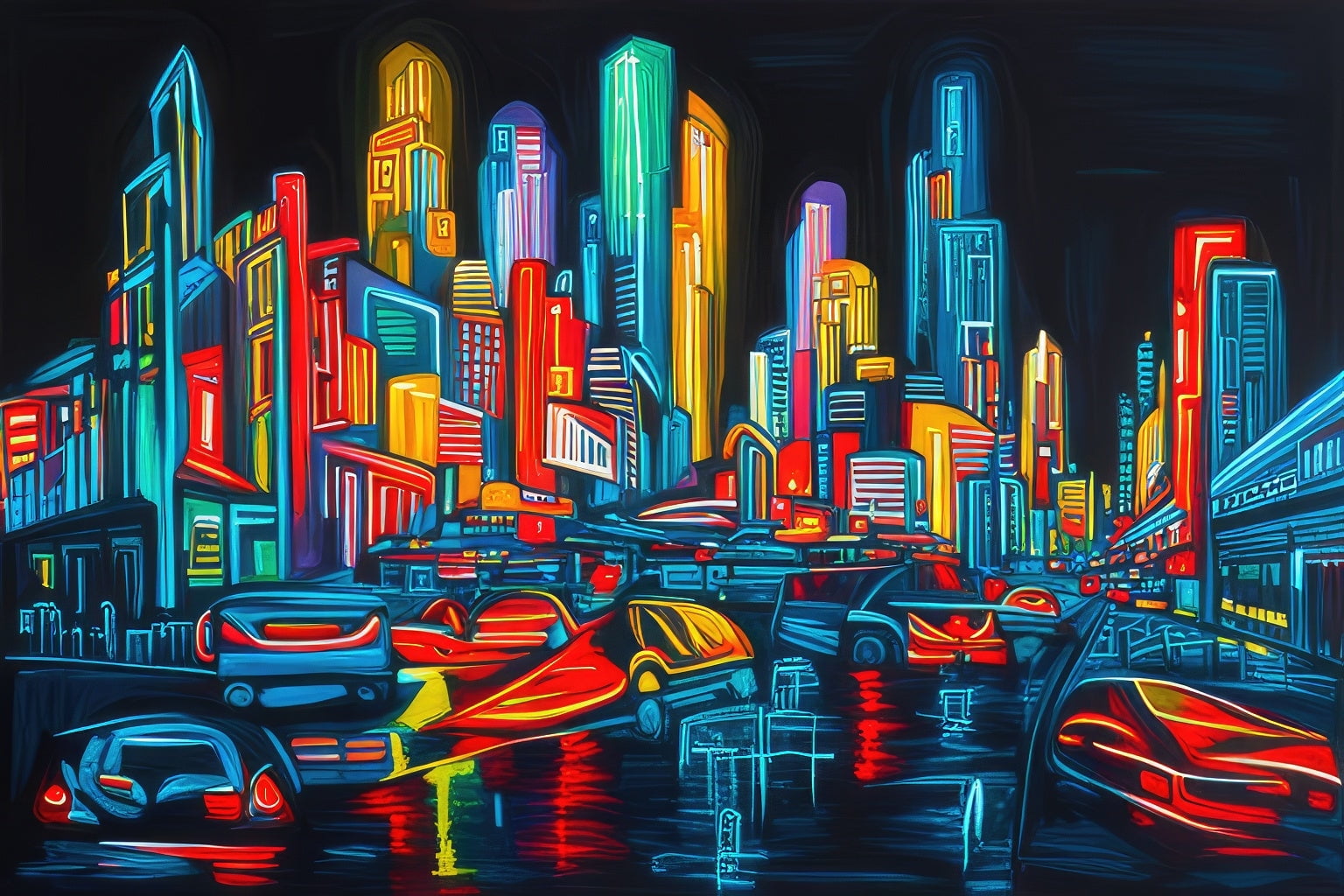 Vibrant Futuristic Cityscape Acrylic Painting II - 12" x 18" Art Print ...