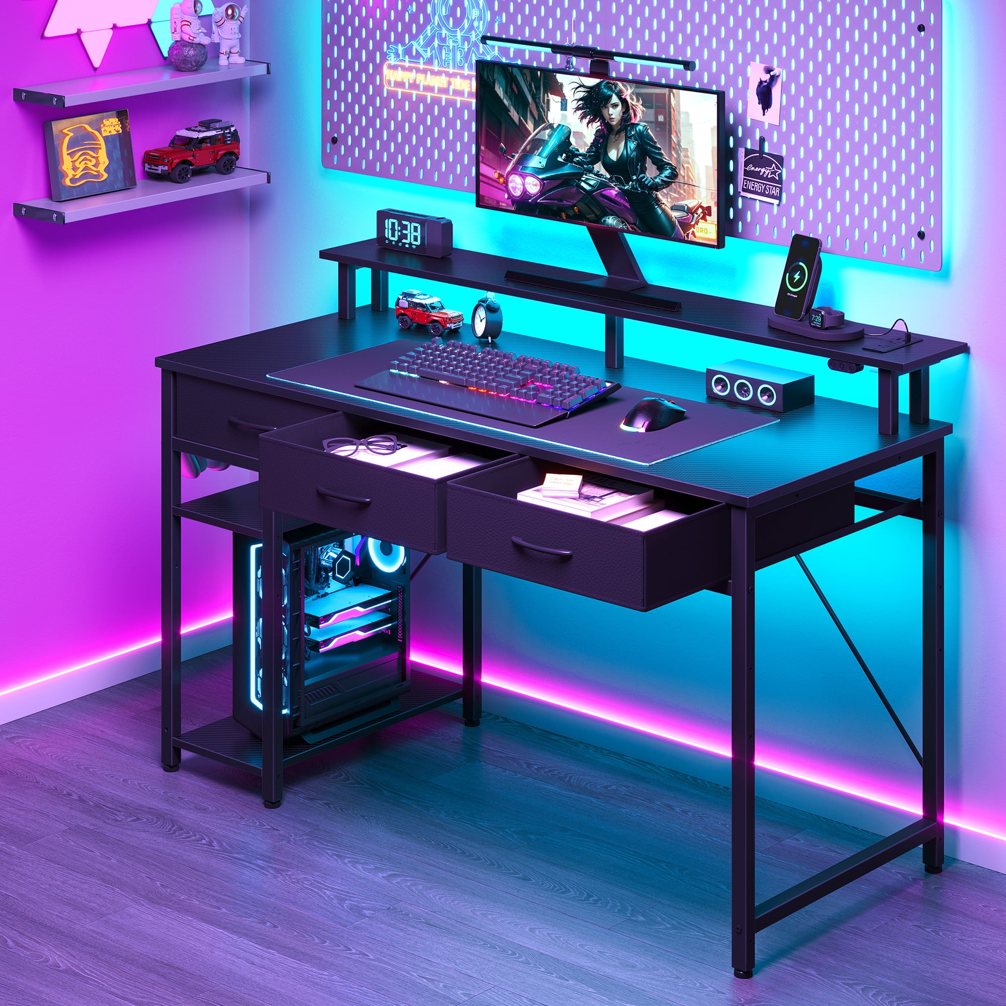 Greenstell Bureau d'Ordinateur 39 Pouces avec Prises Intégrées et LED ...