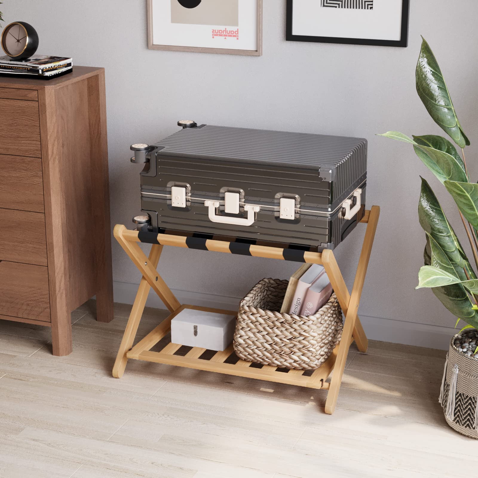 Smuxee Fully Assembled Luggage Rack Folding Bamboo Suitcase Stand ...