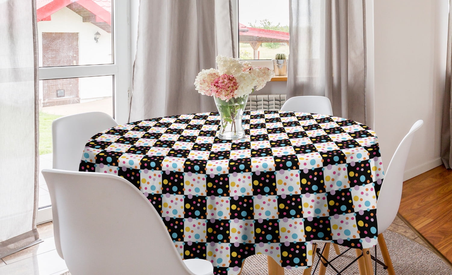 Colorful Round Tablecloth, Black and White Checkered Pattern with ...