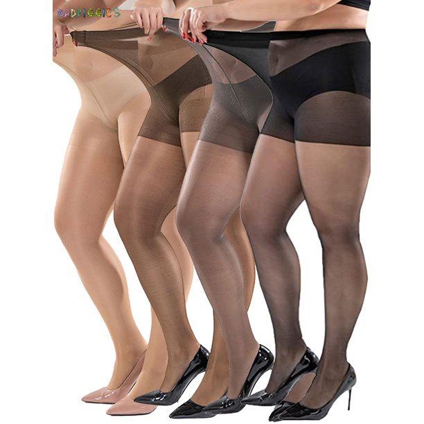 BadPiggies Super Durable Sheer Pantyhose Plus Size, 4 Pack 40D Queen Size Tights Straight Crotch ...