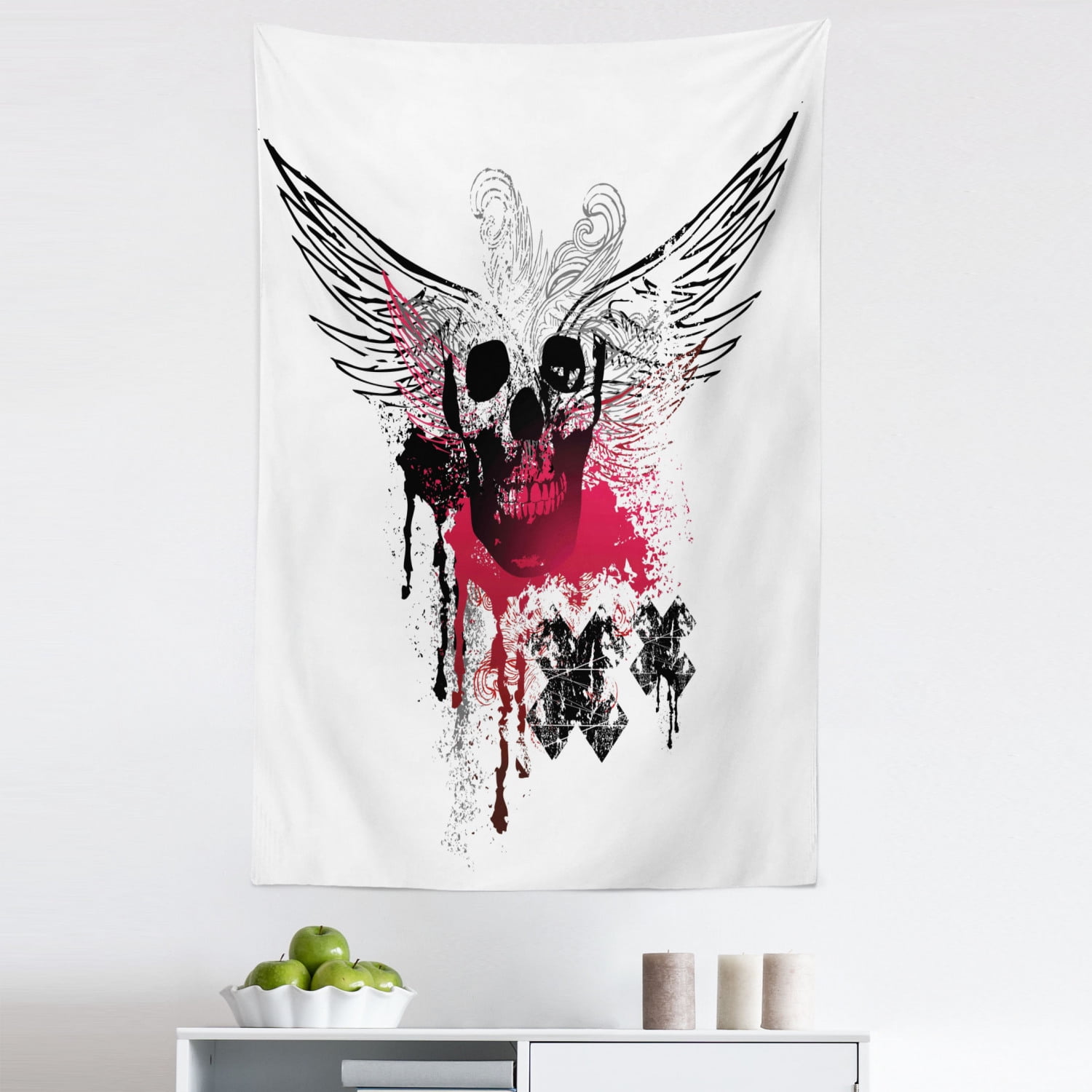 Skull Tapestry, Grunge Wings and Skulls with Signs Color Stains ...