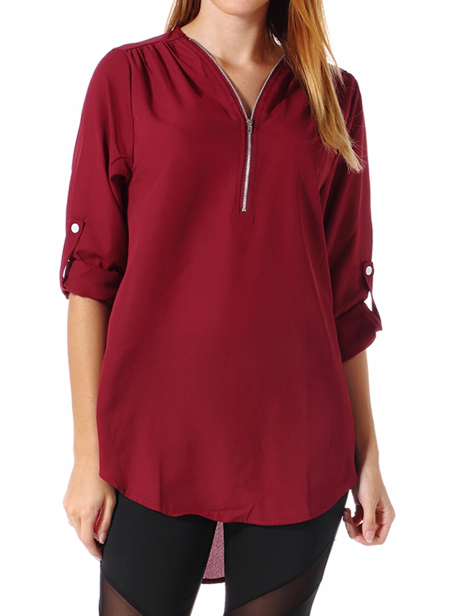 Women Casual Zipper V Neck Blouses Shirts Plus Size Long Sleeve Top S ...