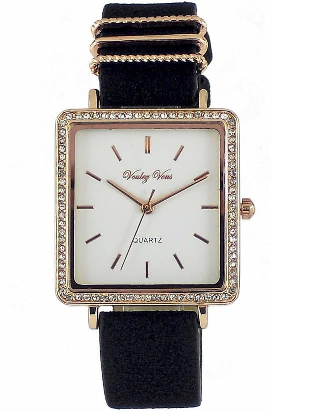 A square shaped watch with a simple index dial on a smooth suede band ...