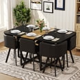 7 Piece Dining Table Set with 6 Leather Chairs, Black & Wood Grain ...
