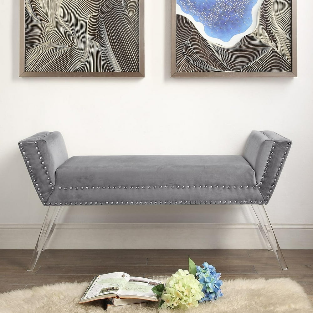 Inspired Home Cassidy Velvet Bench Nailhead Trim Acrylic Legs Modern