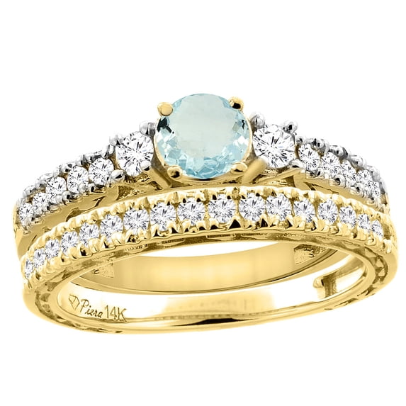 14K Yellow Gold Diamond Natural Aquamarine Engagement 2-pc Ring Set ...