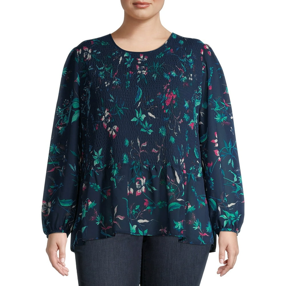 Terra And Sky Terra And Sky Womens Plus Size Long Sleeve Smocked Bodice
