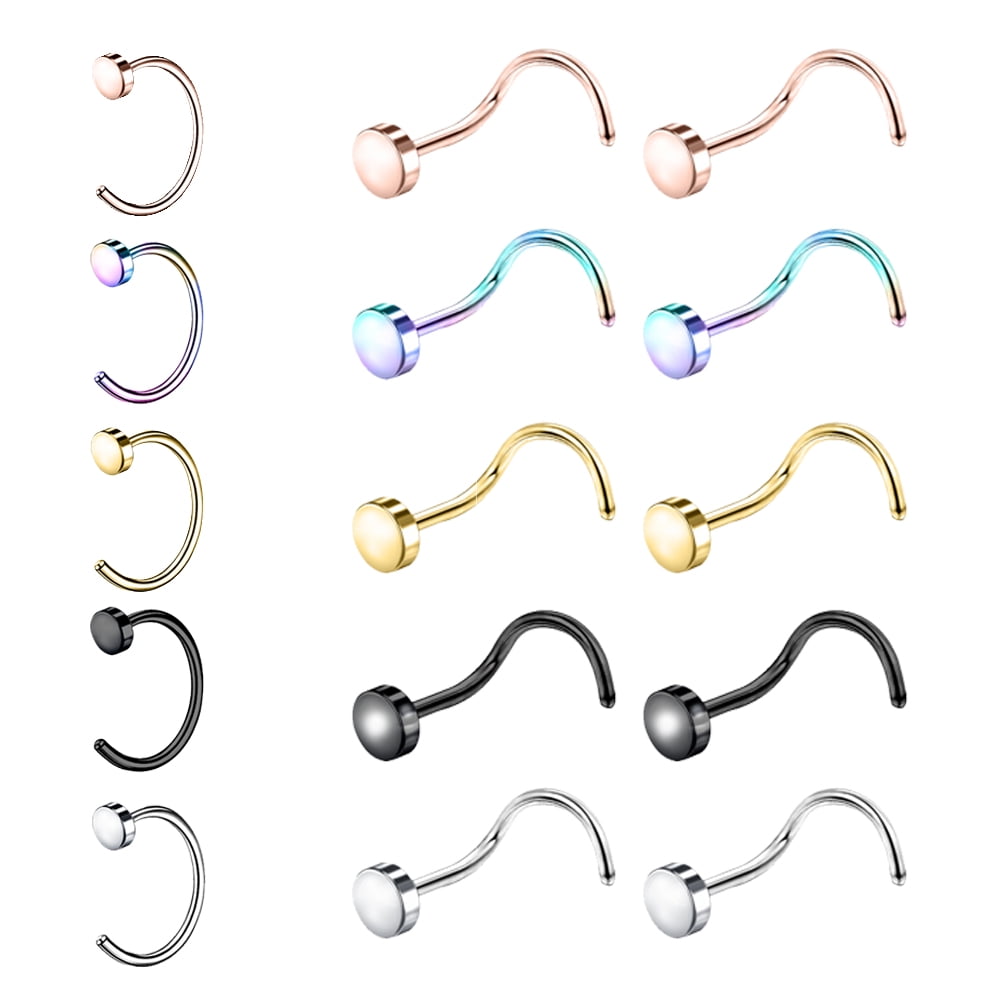 ZS 15Pcs/Set 20g Nose Hoop Ring Piercing Round Flat Nostril Piercing ...