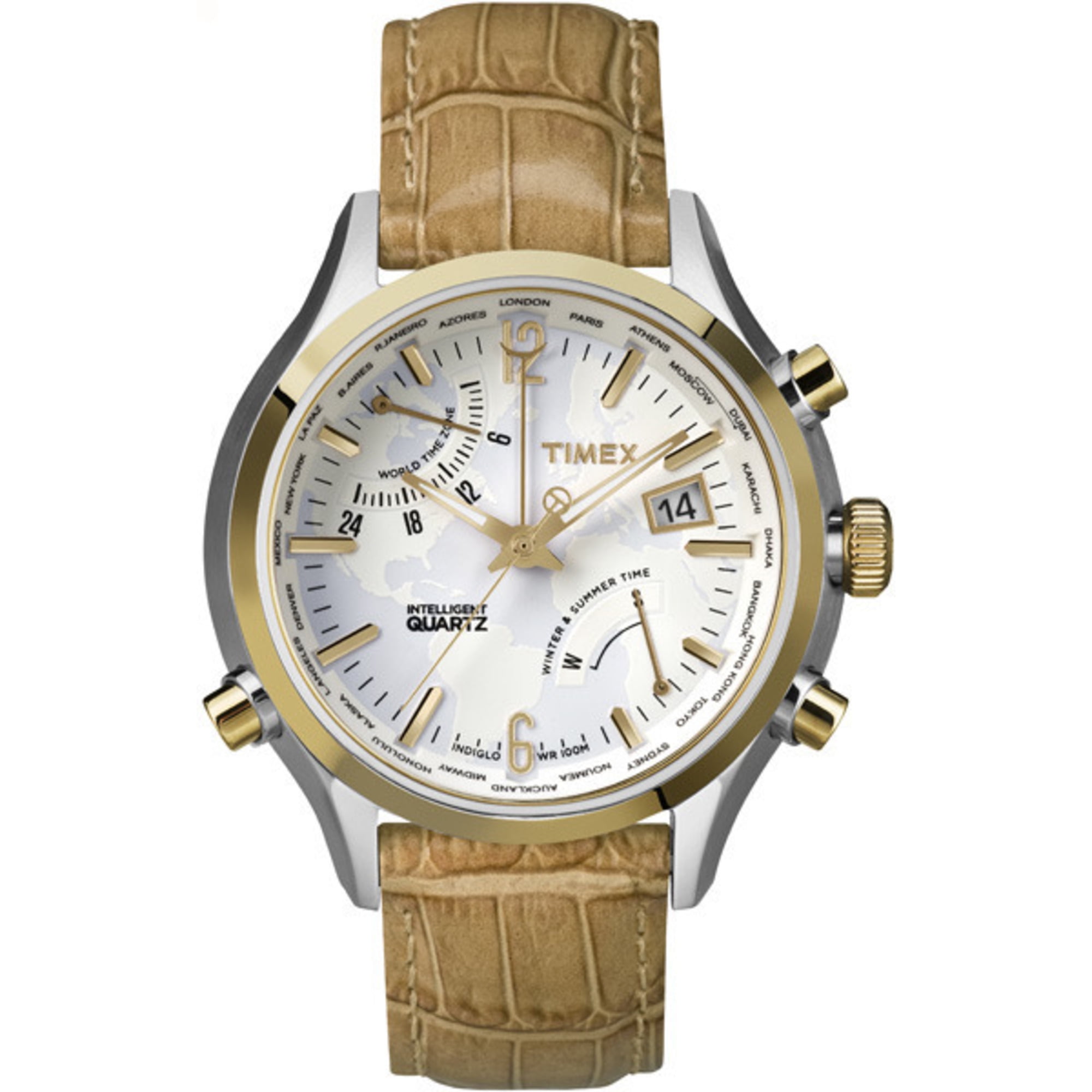 Timex Tw2p87900 Unisex Watch Iq World Time Bi-metal Tan Strap - Walmart.com