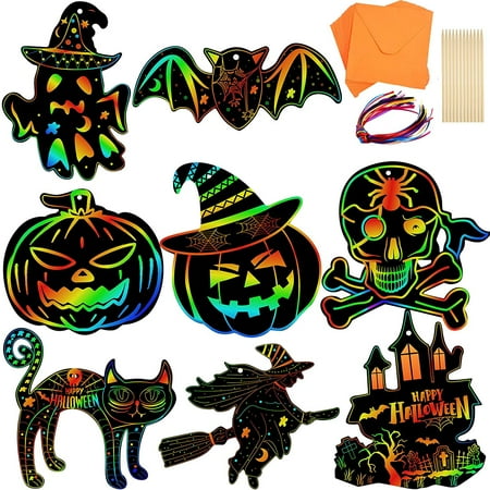 24 Pieces Halloween Scratch Craft Art Kit, Rainbow Colorful Magic ...
