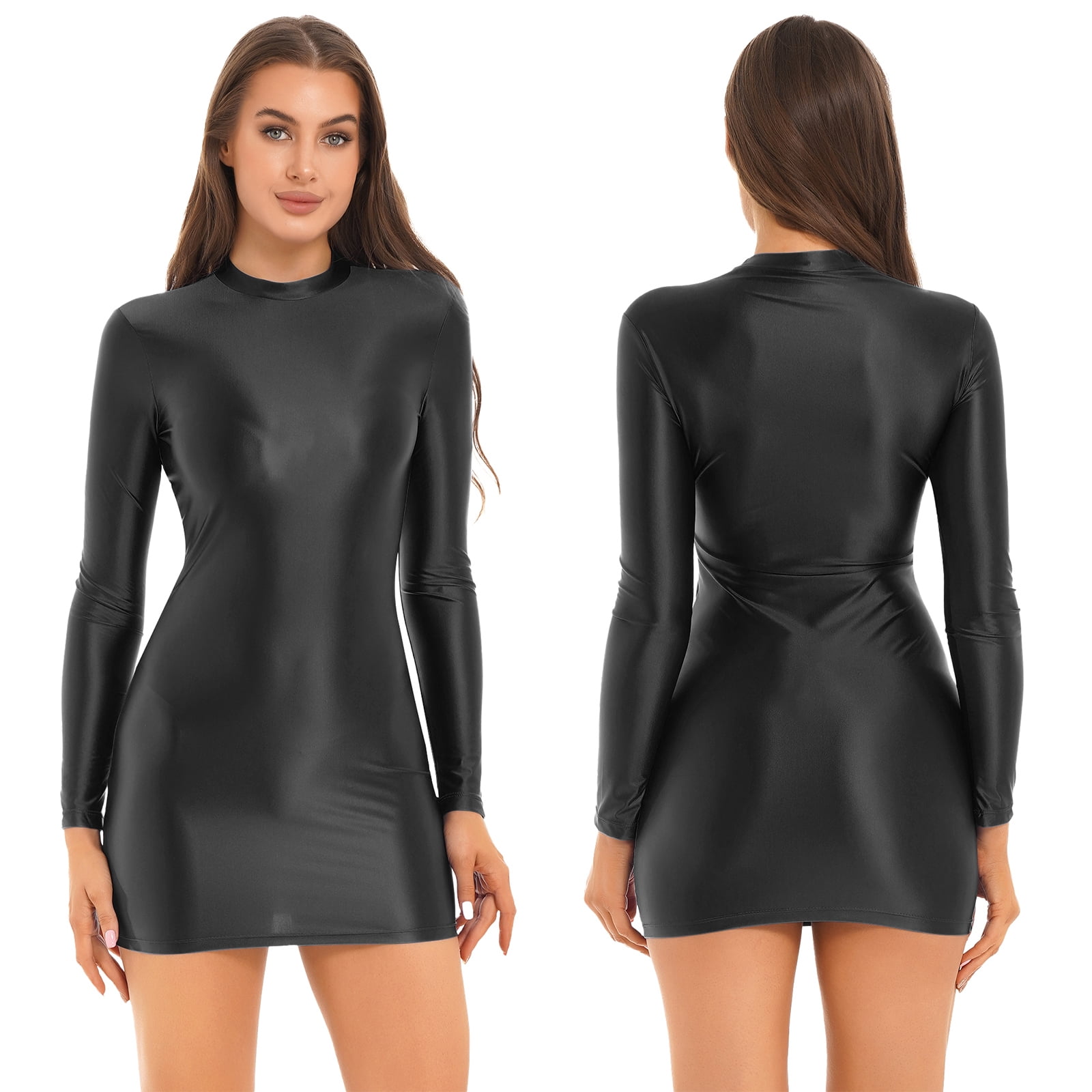 Msemis Women Oil Glossy Sheer Micro Mini Dress Tight Pencil Short Dress