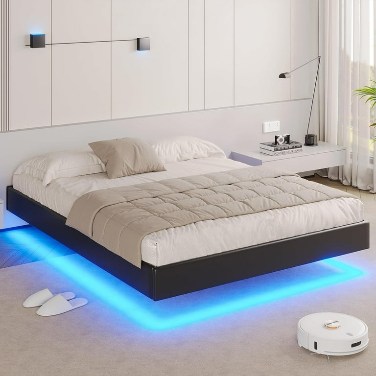 Queen Size Floating Bed Frame with LED Lights Faux Leather Upholstered No Headboard Black Walmart