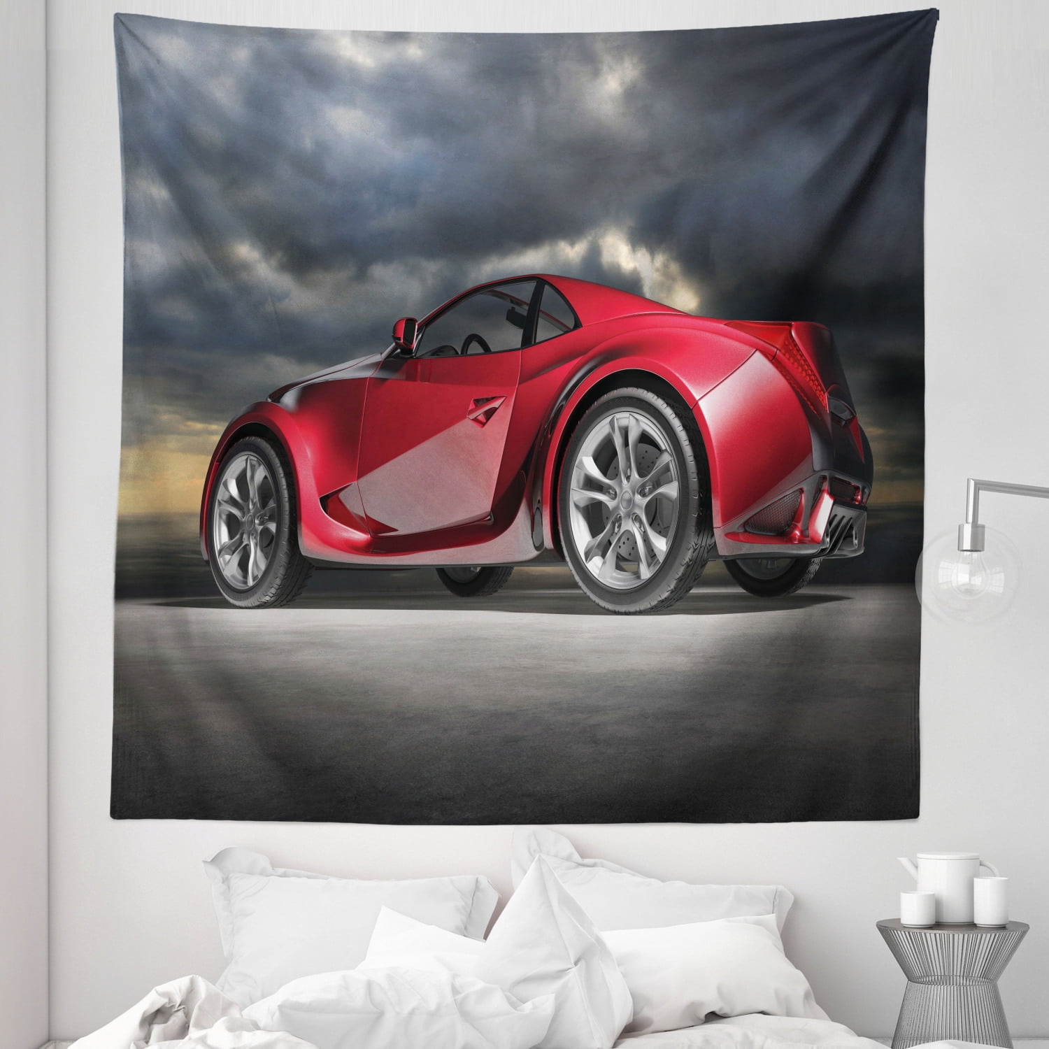 Cars Tapestry, Modern Red Sports Car on Dramatic Sky Backdrop with Dark ...