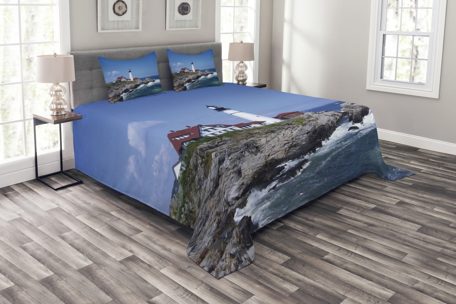 Landscape Bedspread, Marine Themed Photo with Lighthouse on Rocks and ...