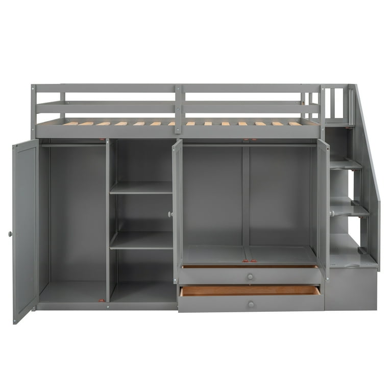 Euroco Wood Twin Loft Bed with Wardrobe Shelf and Drawers for Kids Bedroom Gray