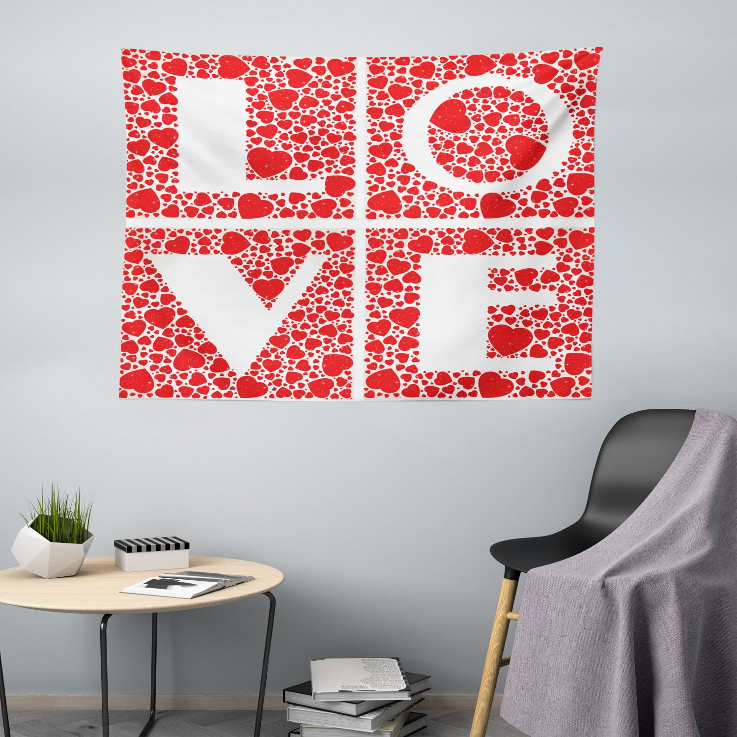 Love Tapestry, Bicolored Letters Hearts Motif Graphic Romantic Theme ...