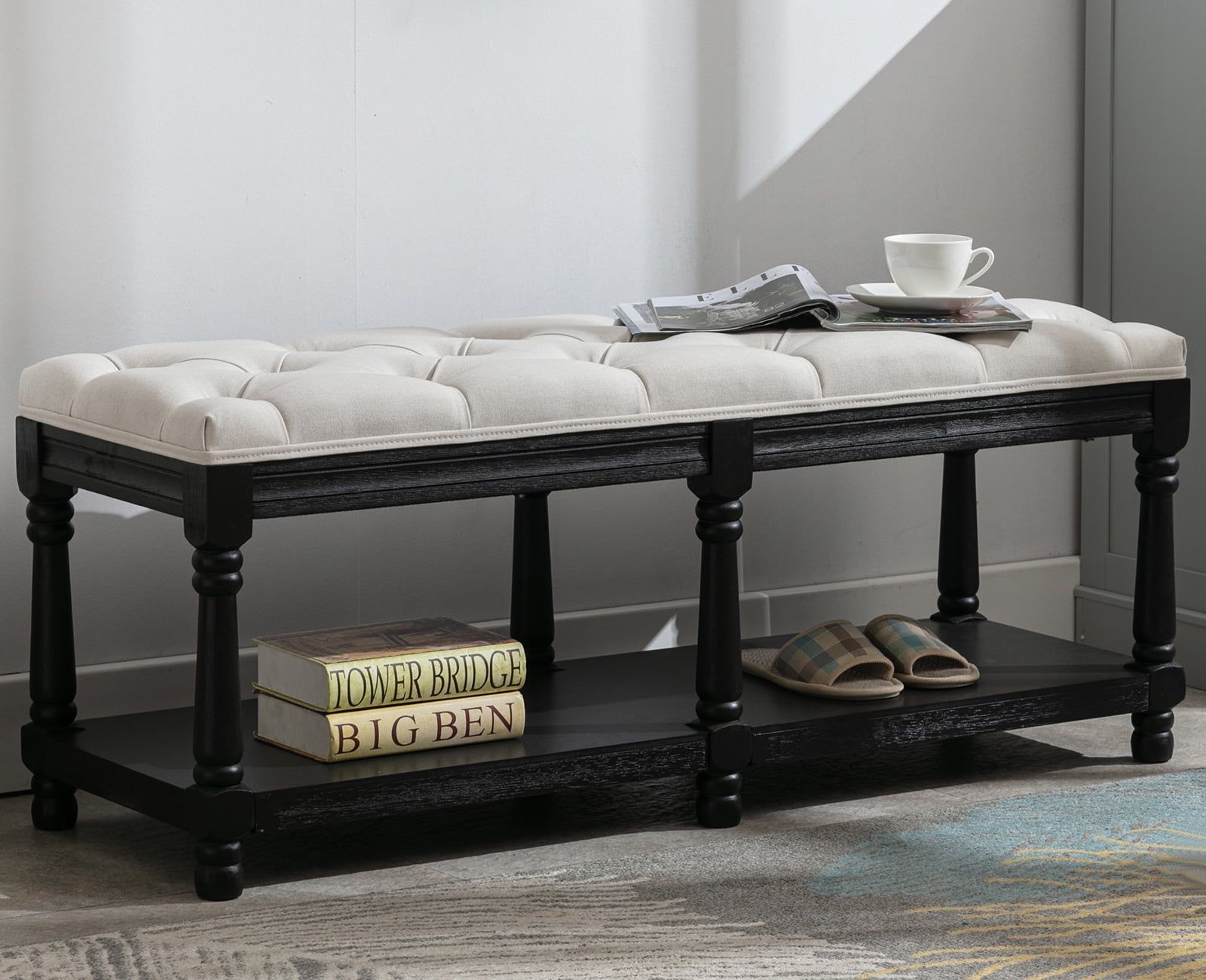 Mid-century Tufted Beige Bench, Linen Upholstered 45.5 Inch Entry Shoe ...