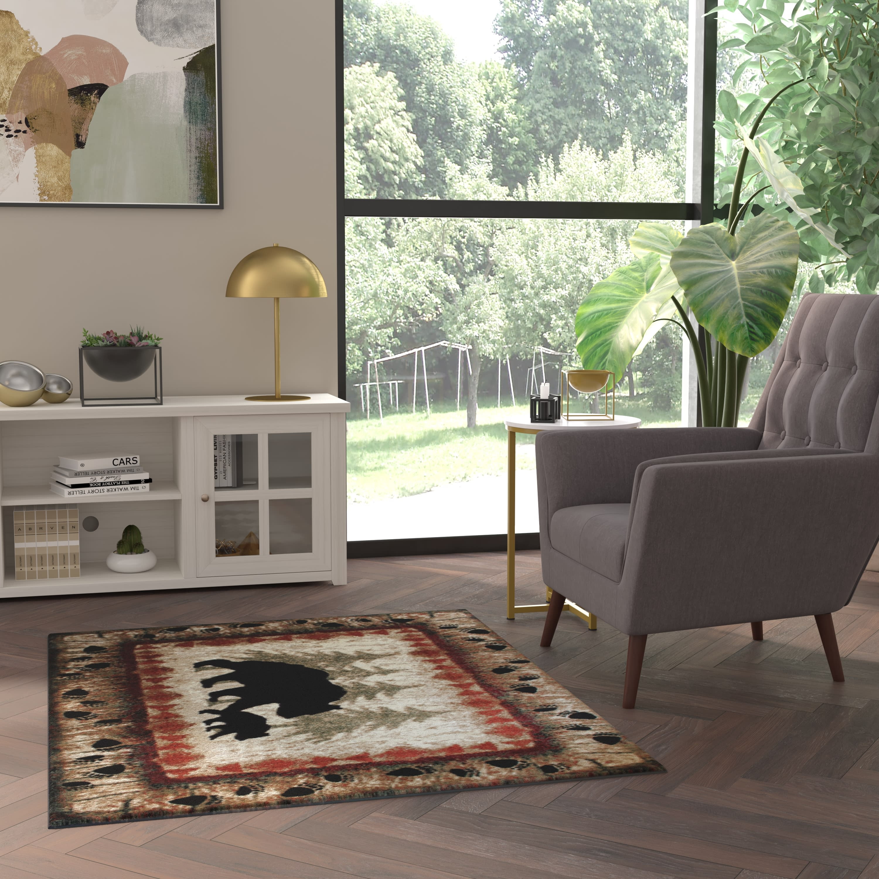 Emma + Oliver 4'x5' Rustic Cabin or Lodge Theme Rug with Bear and Cub ...