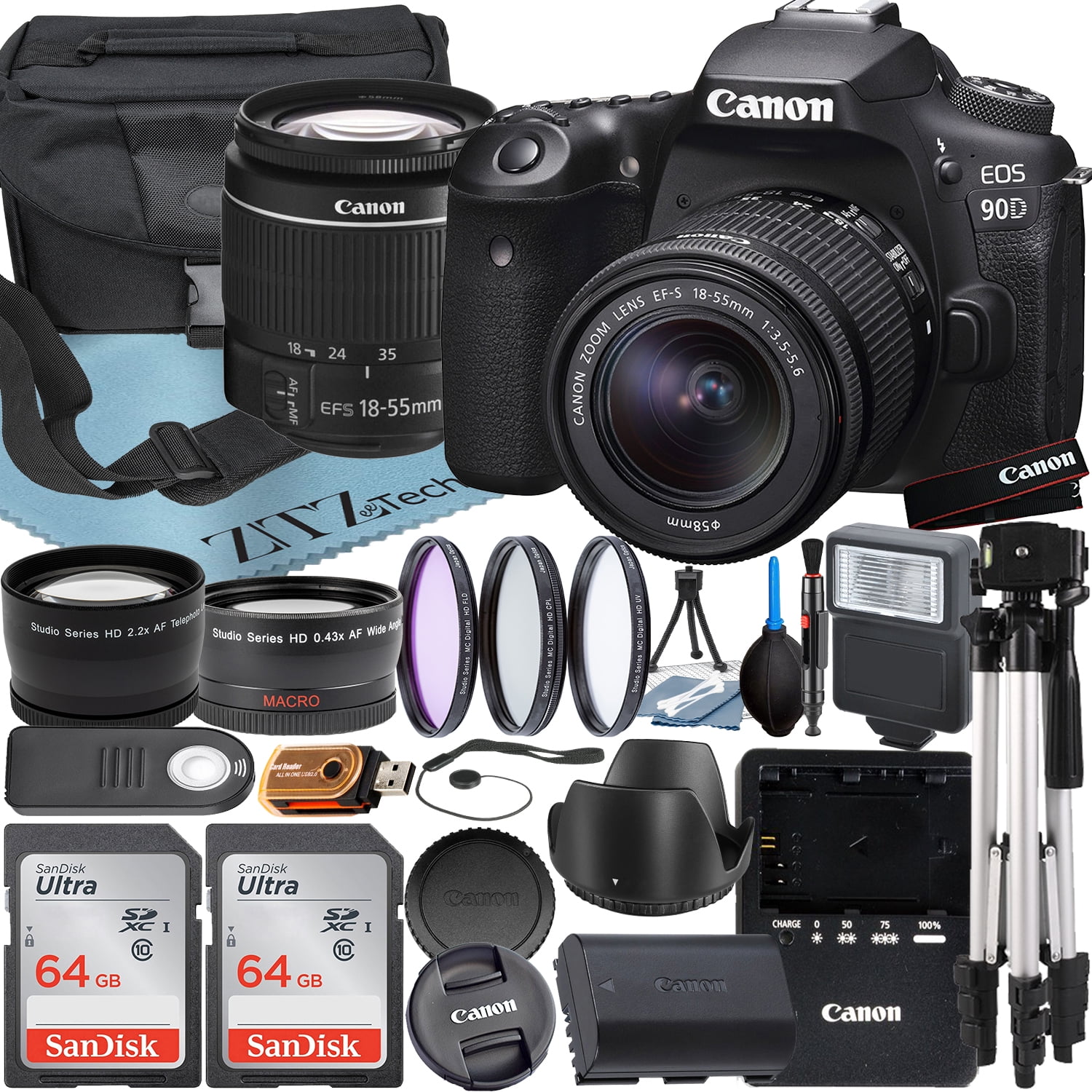 Canon EOS 90D DSLR Set with 18-55mm Lens, 64GB Card, Case, Telephoto ...