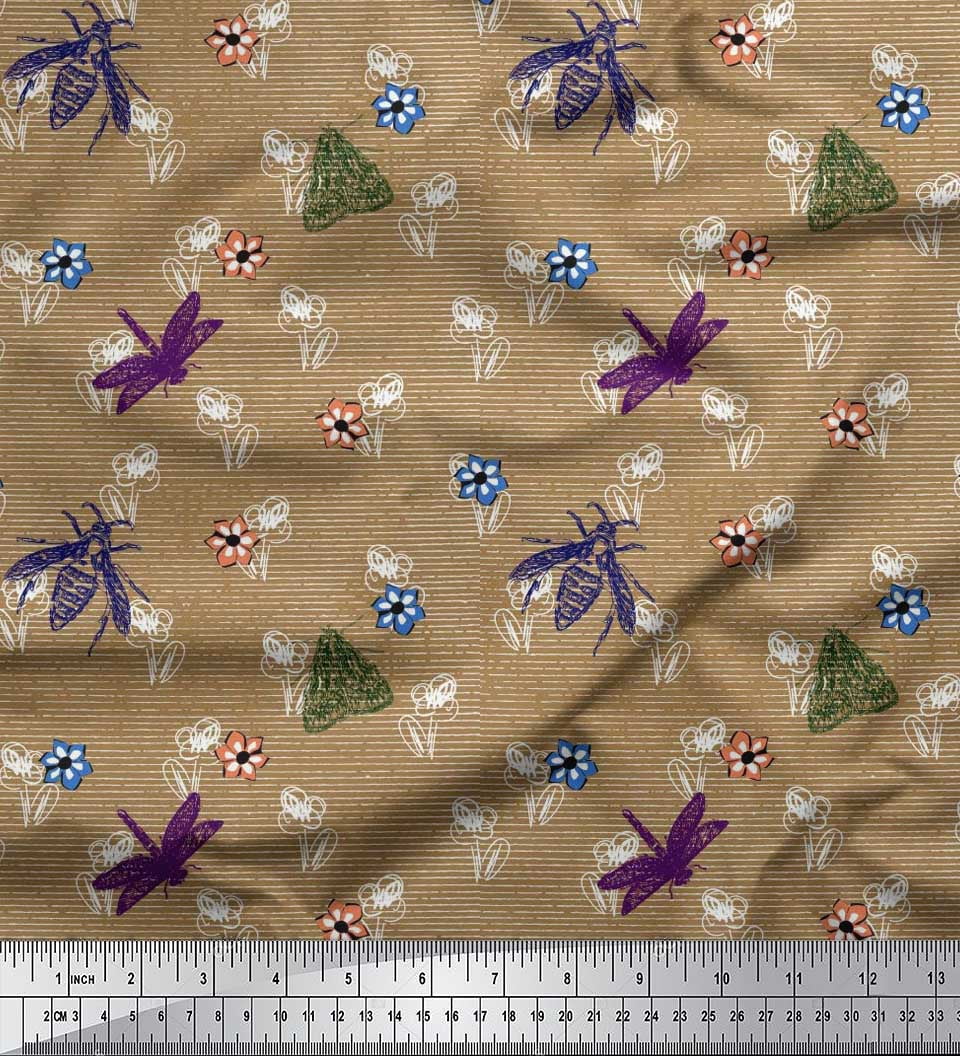 Soimoi Satin Silk Fabric Floral,Moth & Dragonfly Insects Print Fabric ...