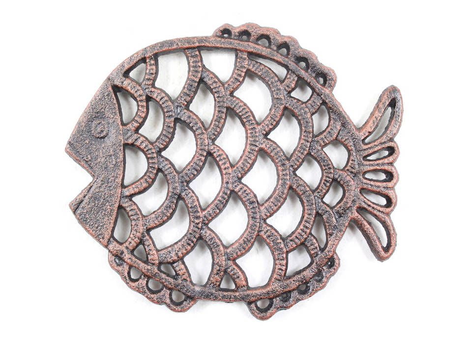 Rustic Copper Cast Iron Big Fish Trivet 8" - Sea Life Decor - Beach ...