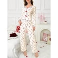 Beige Heart Print V-Neck Bow Trim Long Sleeve Pajama Set Cozy ...