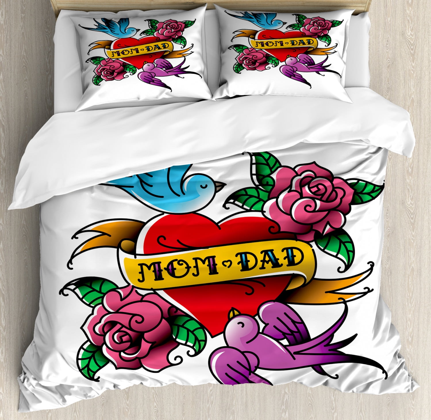Tattoo Duvet Cover Set Queen Size, Classic Old Design Mom and Dad ...