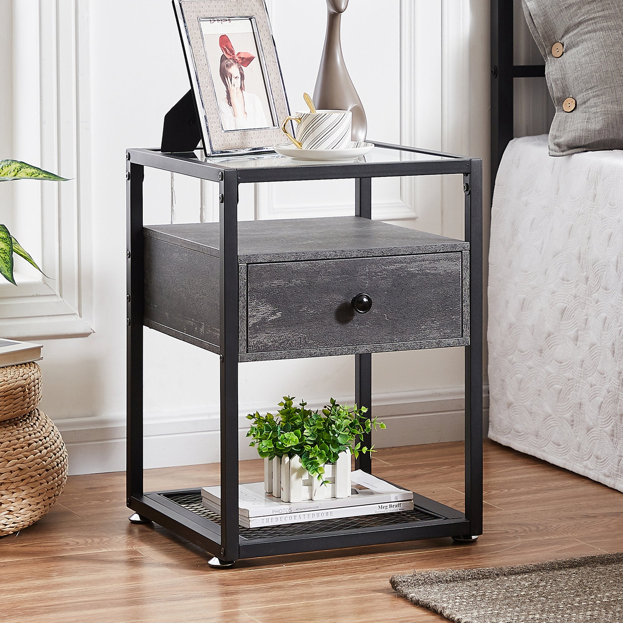 VECELO Tempered Glass Nightstand with Drawer, Glass Top End Table for ...