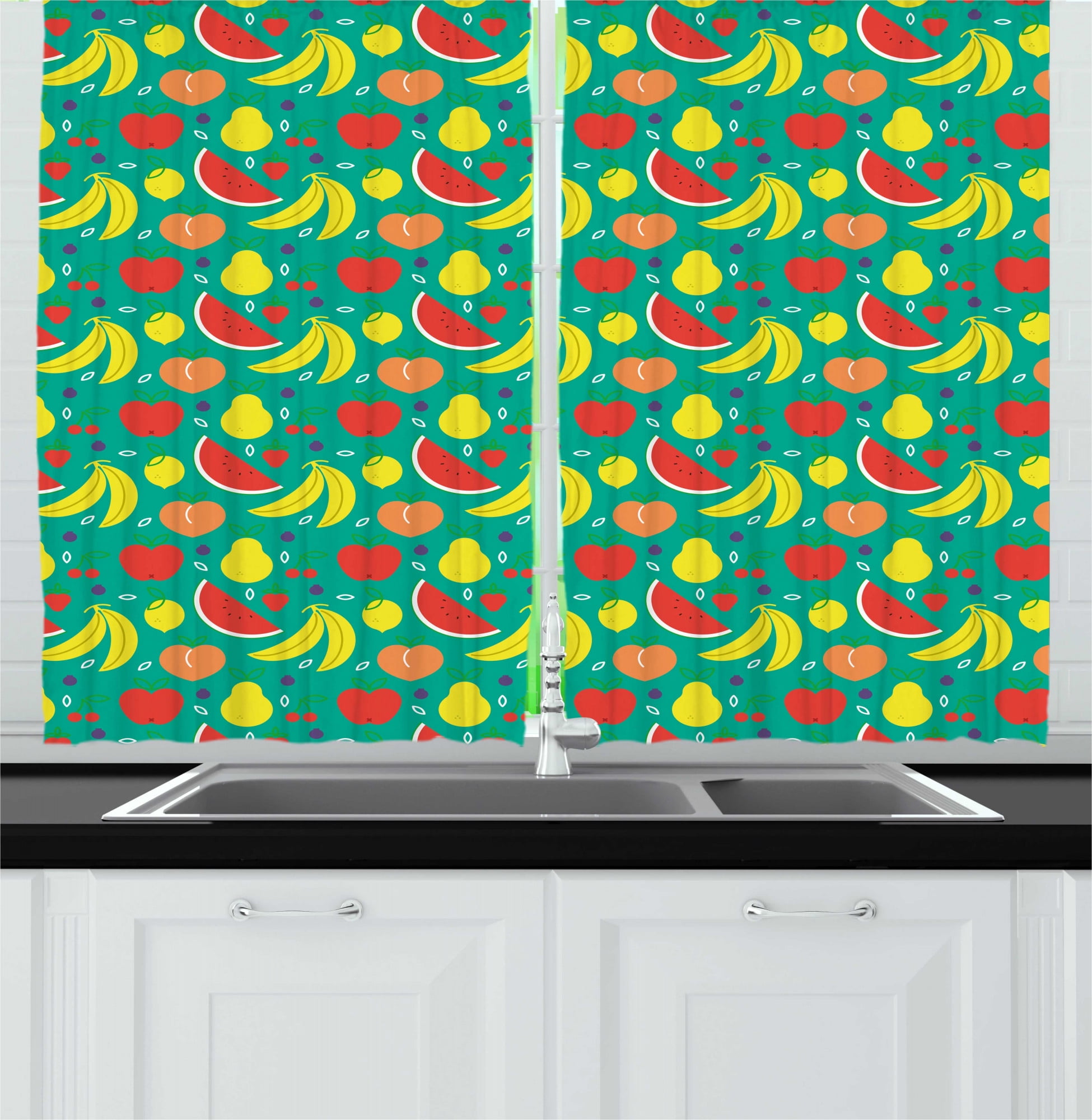 Fruit Kitchen Curtains, Summer Time Layout of Watermelon Bananas Peach ...