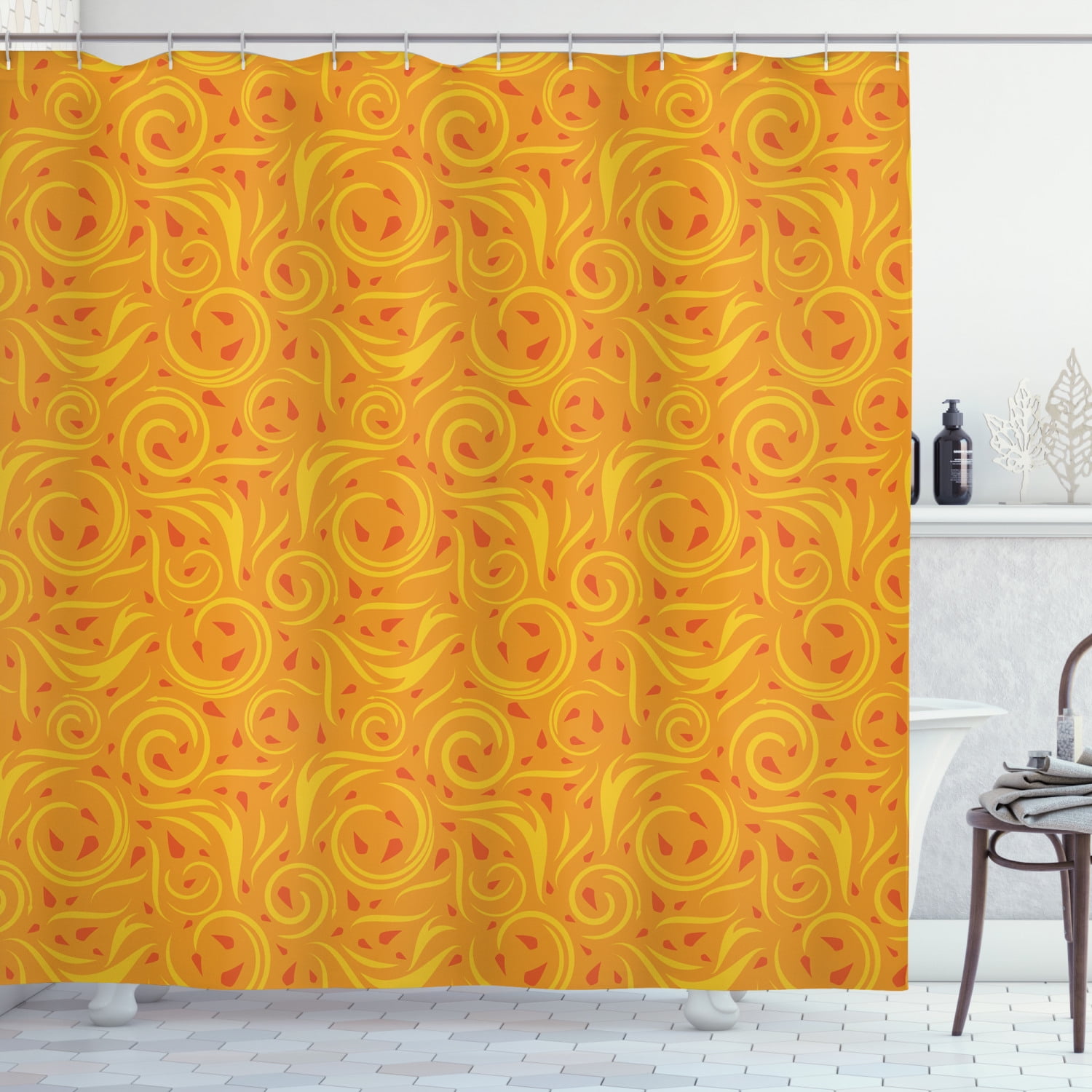 Orange Shower Curtain, Swirling Spiral Leaves in Abstract Style Autumn ...