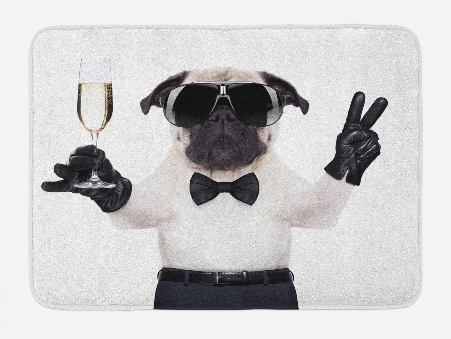 Pug Bath Mat, Pug with Champagne Glass and Peace Sign Cool Looking Dog ...