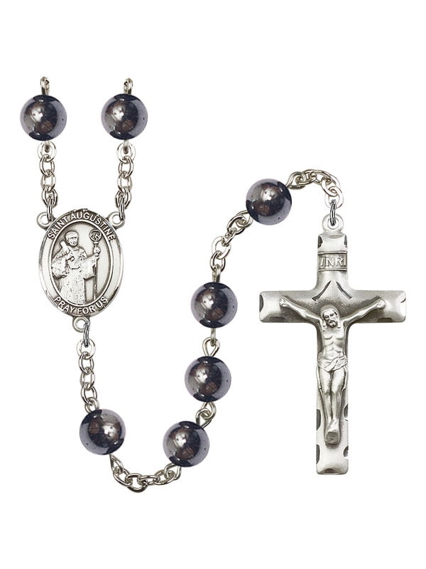 St. Augustine Silver-Plated Rosary 8mm Hematite Beads Crucifix Size 1 3 ...
