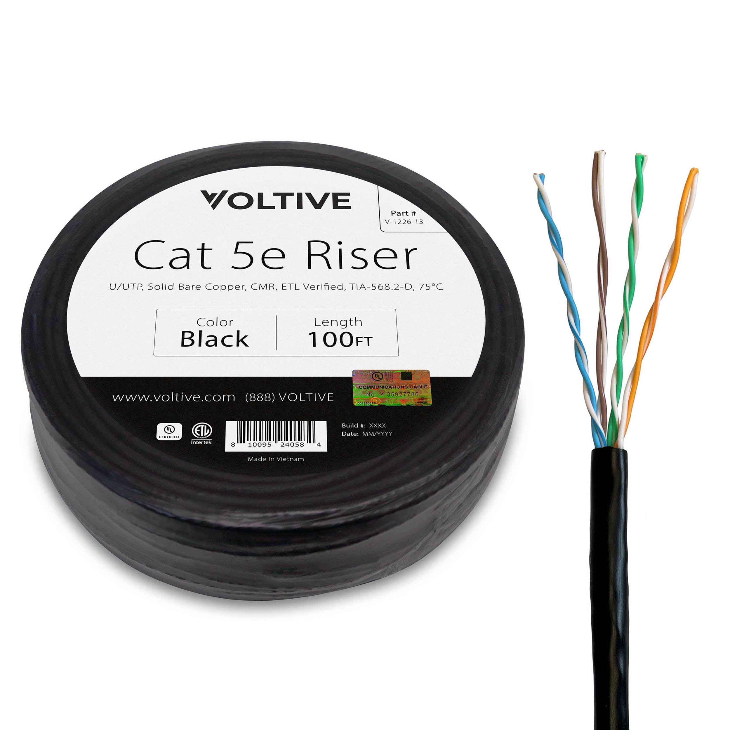Voltive Cat5e Riser (CMR), 100ft, Black - Solid Bare Copper Bulk ...
