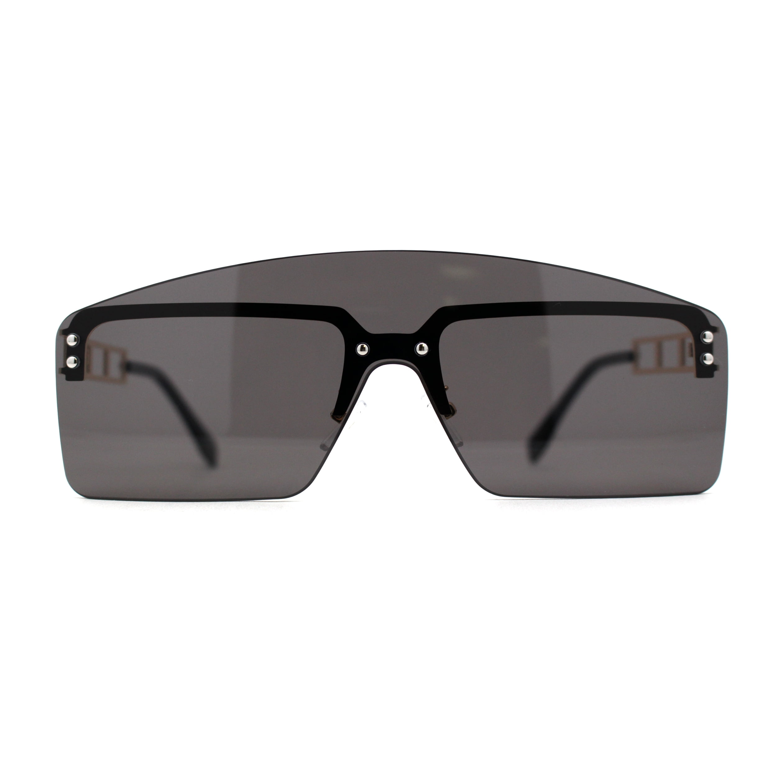 Curved Top Shield Half Rimless Rectangular Sunglasses Gold Black ...