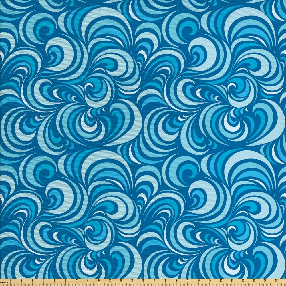 Blue Fabric by The Yard, Marine Waves Pattern Abstract Curly Forms Spirals Sea Inspired Aquatic ...