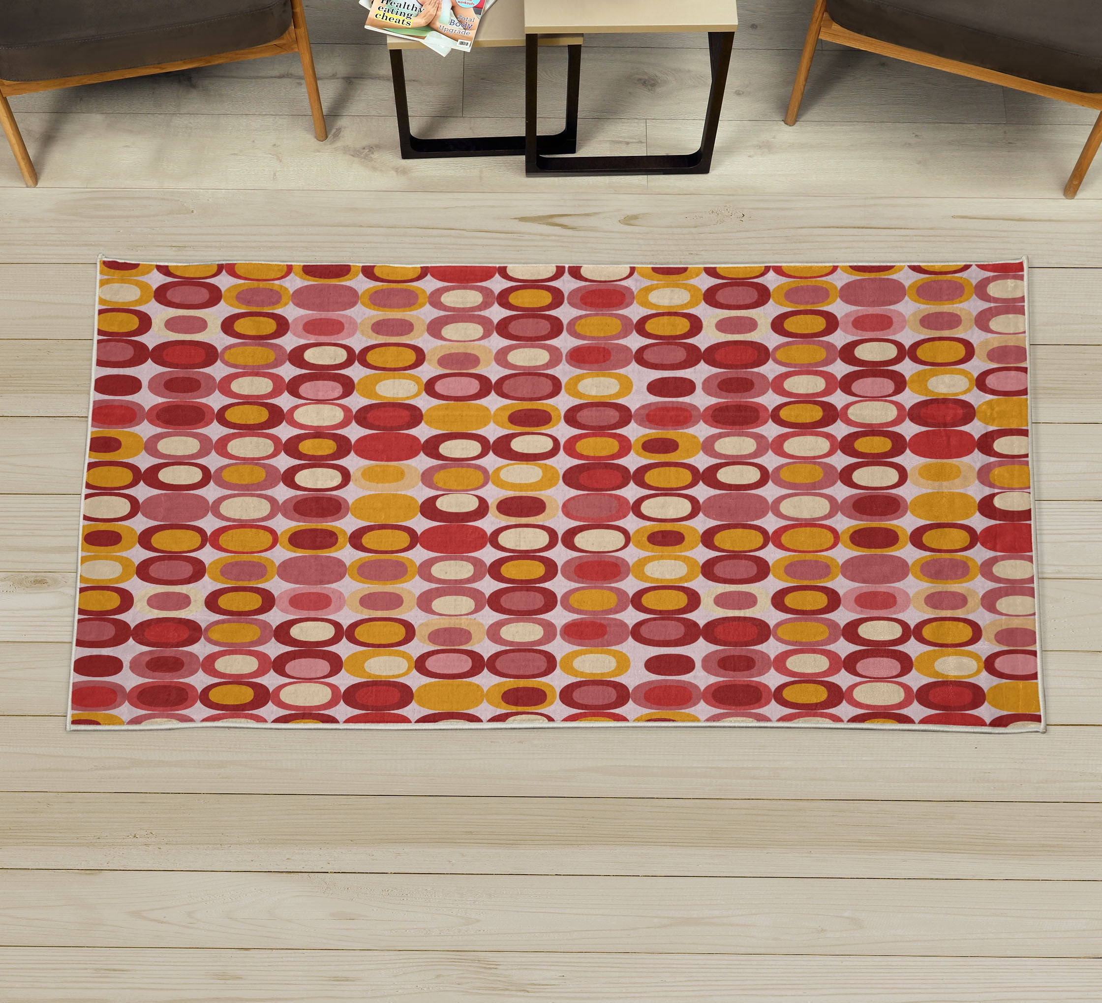 Mid Century Decorative Rug, Retro-Themed Styled Round Edged Mosaic ...