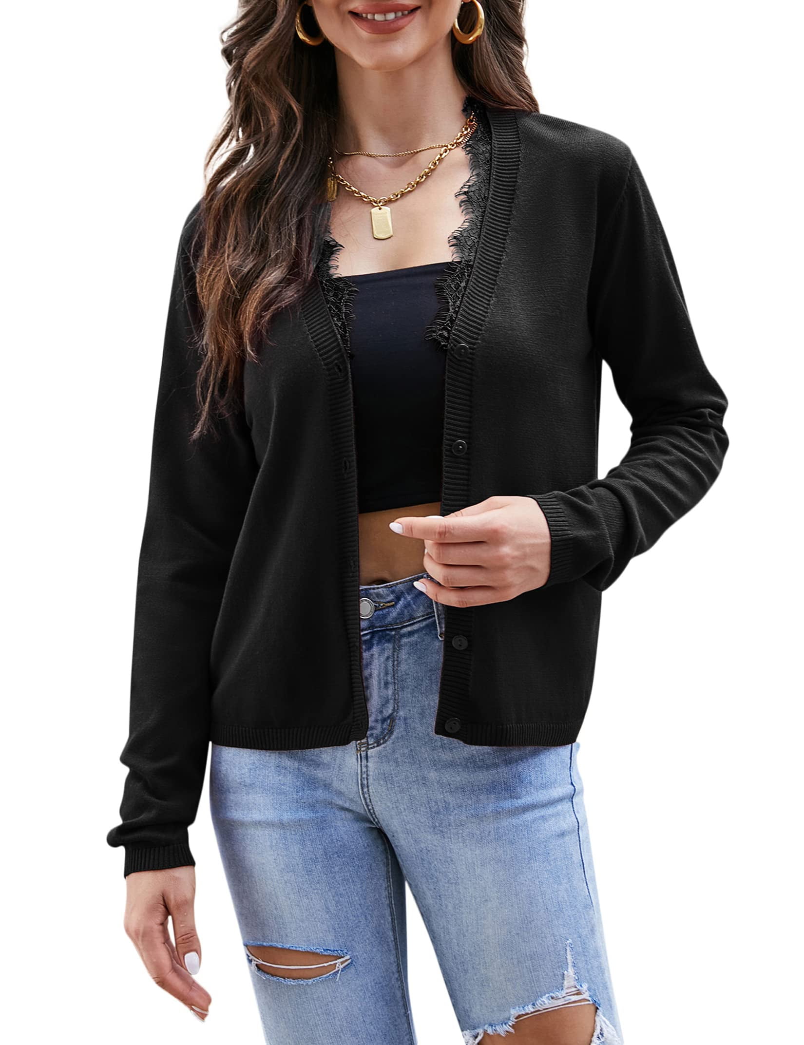 Oyang Womens Long Sleeve Open Front Cardigans Button Down Lace V Neck ...