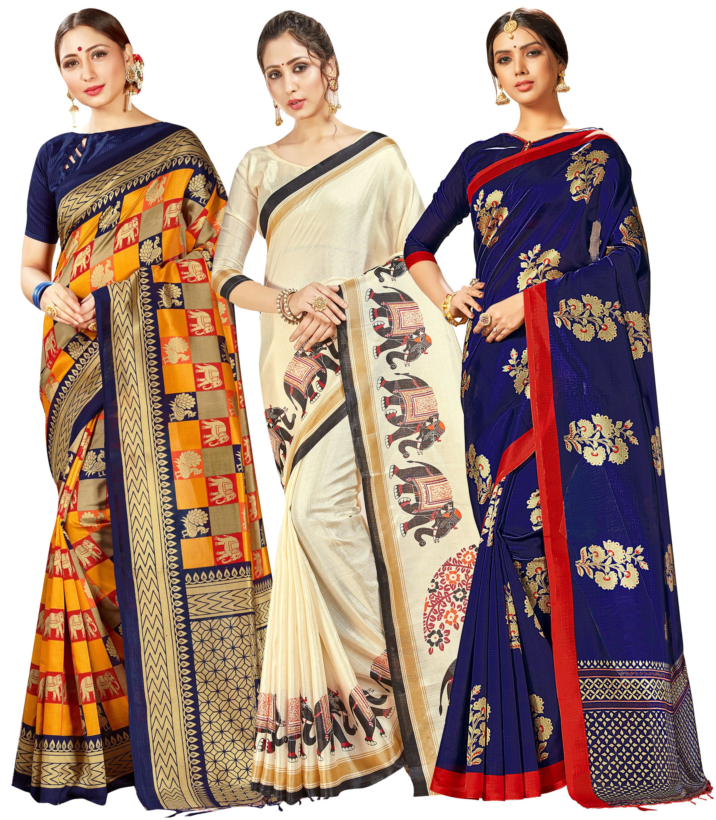 Pack of Three Sarees for Women Mysore Art Silk Printed Indian Wedding ...