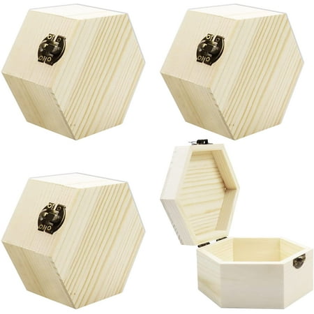4 Pack Unfinished Wooden Box Hexagon Treasure Chest, Natural Wood Box ...