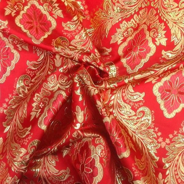 Metallic Floral Brocade Fabric 60 By Yard In Red Gold White Purple